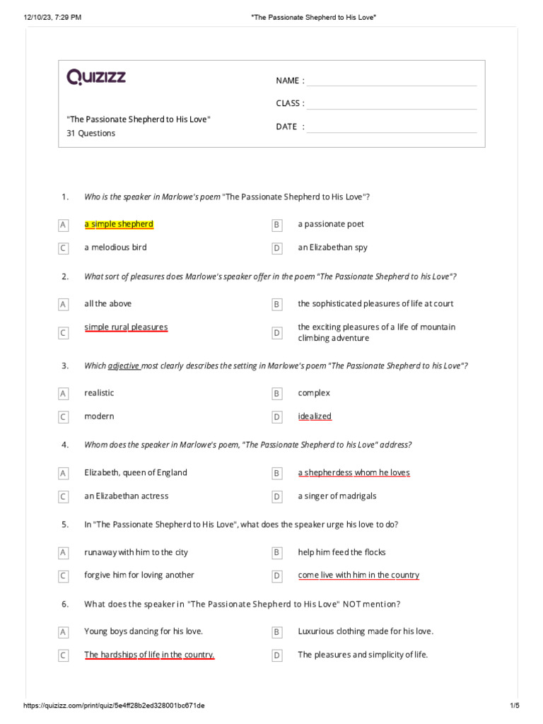 The Passionate Shepherd To His Love | PDF