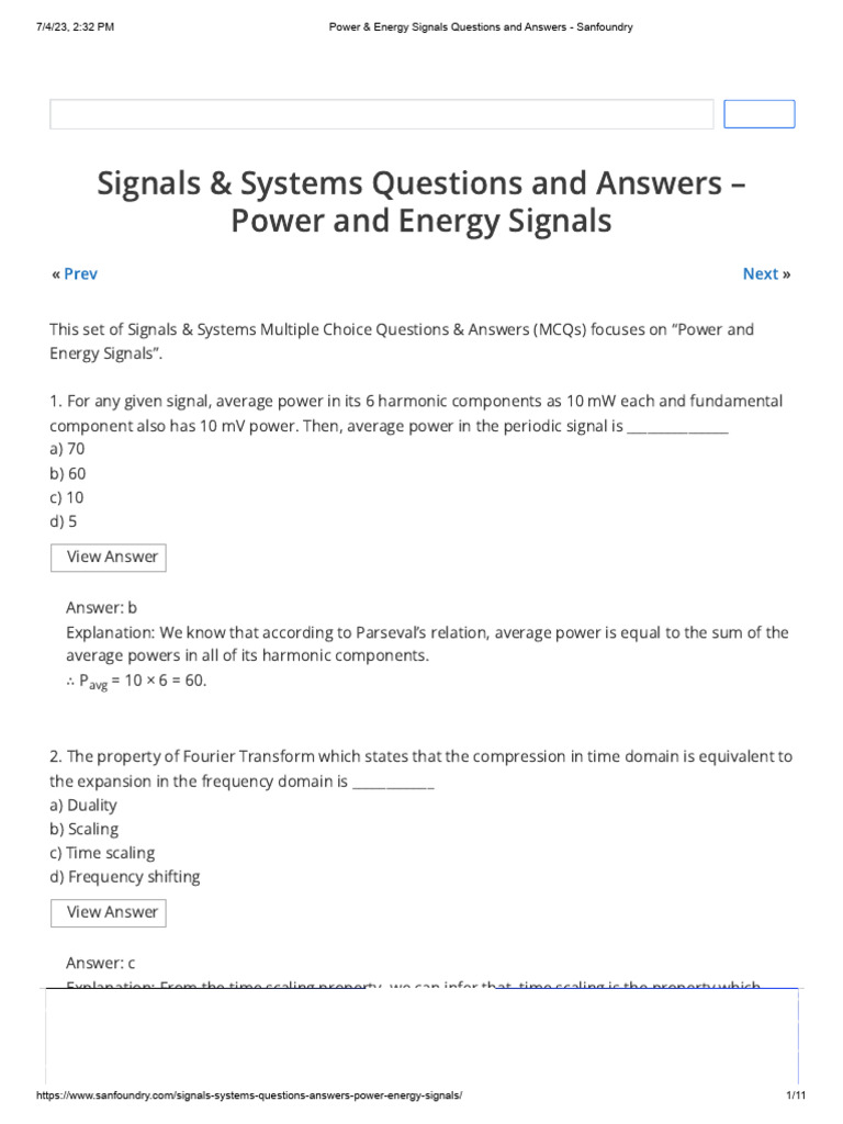 Power & Energy Signals Questions and Answers - Sanfoundry | PDF | Sampling (Signal Processing ...