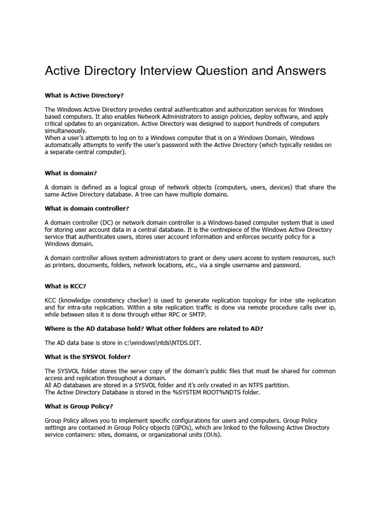 Active Directory Interview Question and Answersx | PDF | Computers | Technology & Engineering