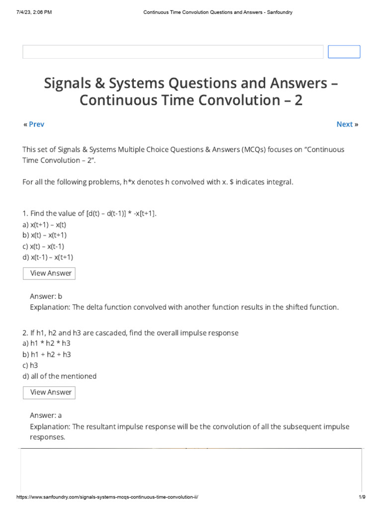 Continuous Time Convolution Questions and Answers - Sanfoundry | PDF Continuous Time Convolution Questions and Answers - Sanfoundry | PDF