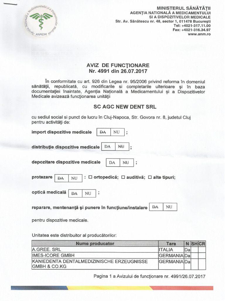 Aviz de Functionare AGC New Dent | PDF