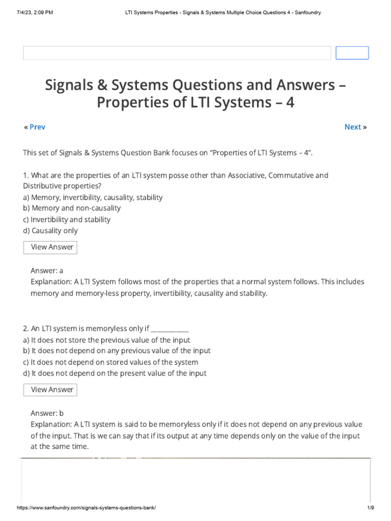 LTI Systems Properties - Signals & Systems Multiple Choice Questions 4 - Sanfoundry | PDF