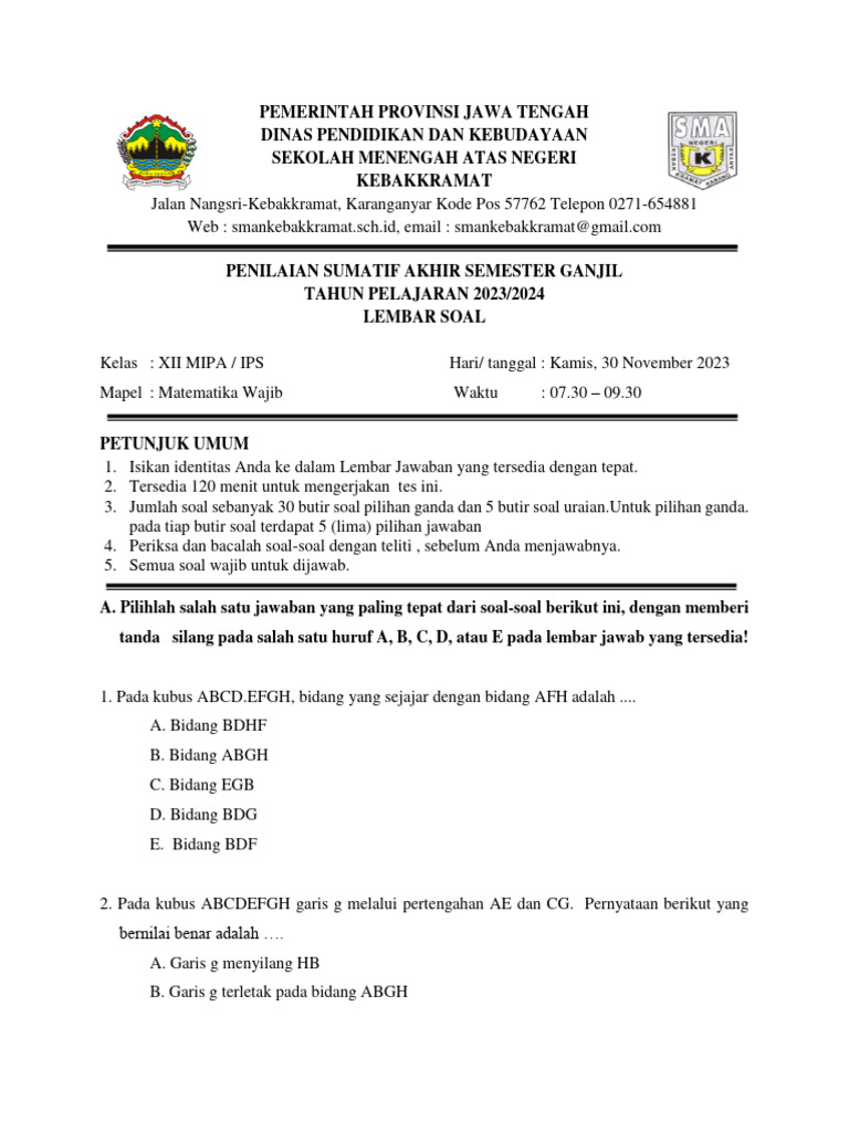 Soal Matwa XII PAS Ganjil KBKRMT 23 24 | PDF