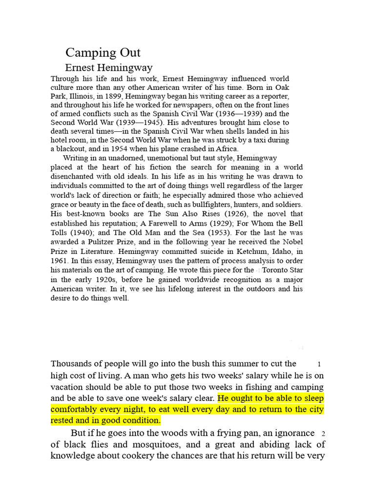 Camping Out Analysis-1 | PDF | Cost Of Living | Ernest Hemingway