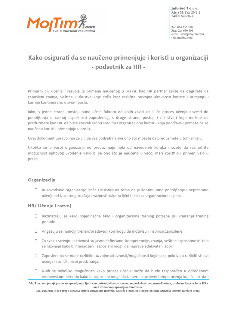 Kako Osigurati Primenu Naucenog Podsetnik Za HR | PDF