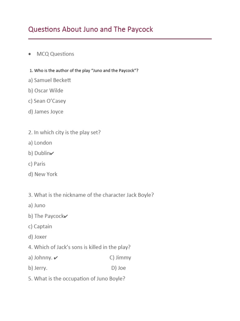 MCQ Questions. Juno and The Paycock | PDF