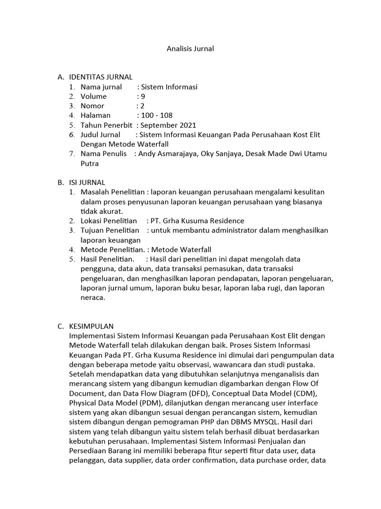 Analisis Jurnal Sistem Informasi Keuangan Pada Perusahaan Kost Elit ...