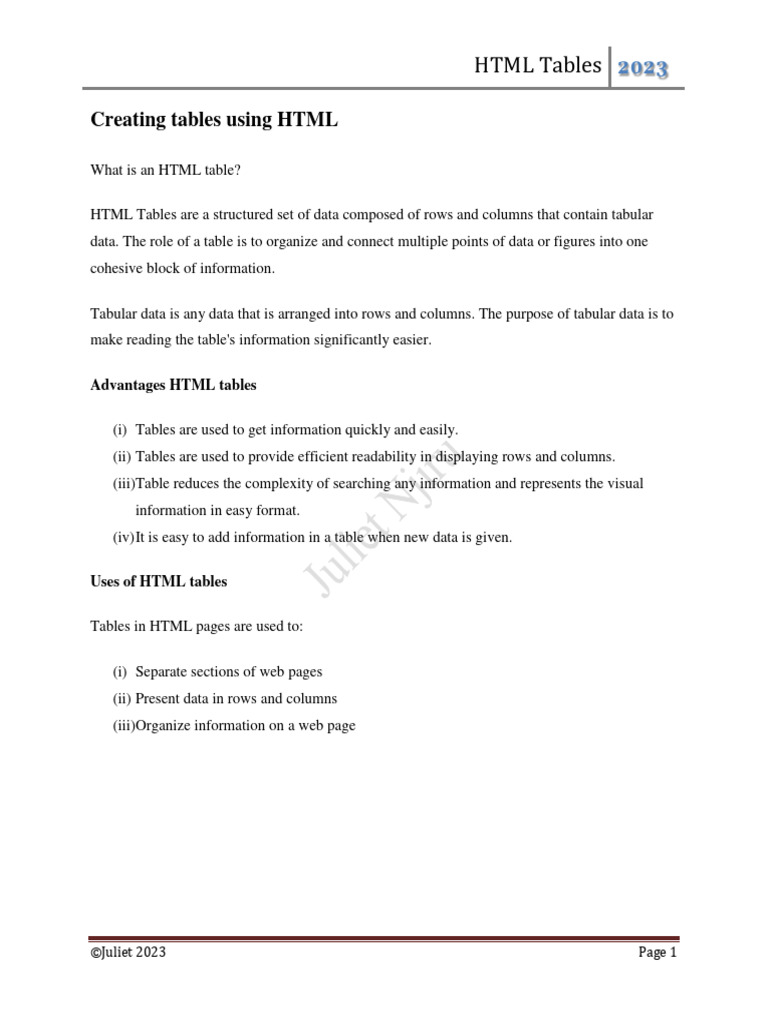 Creating Tables Using HTML | PDF Creating Tables Using HTML | PDF