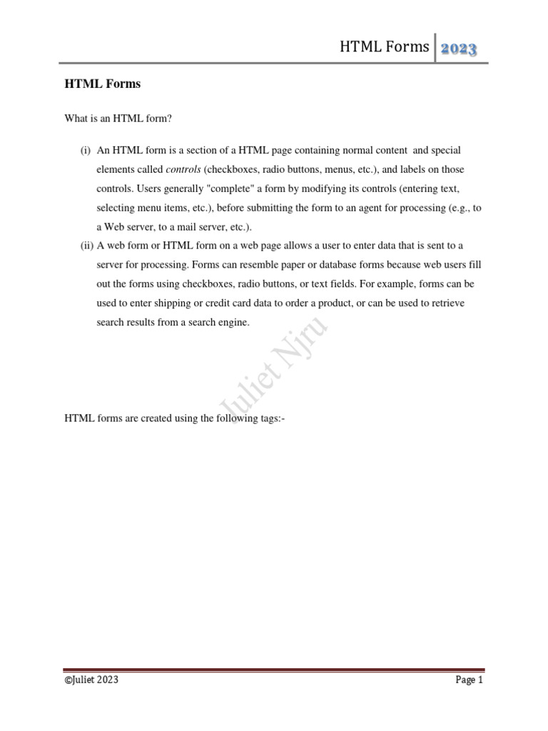 Html Form Lecture Notes Pdf