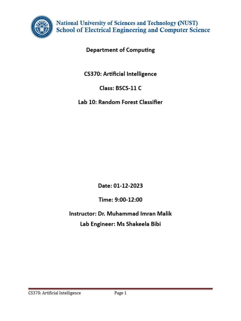 Lab 10 - Random Forest Classifier | PDF | Statistical Classification | Machine Learning