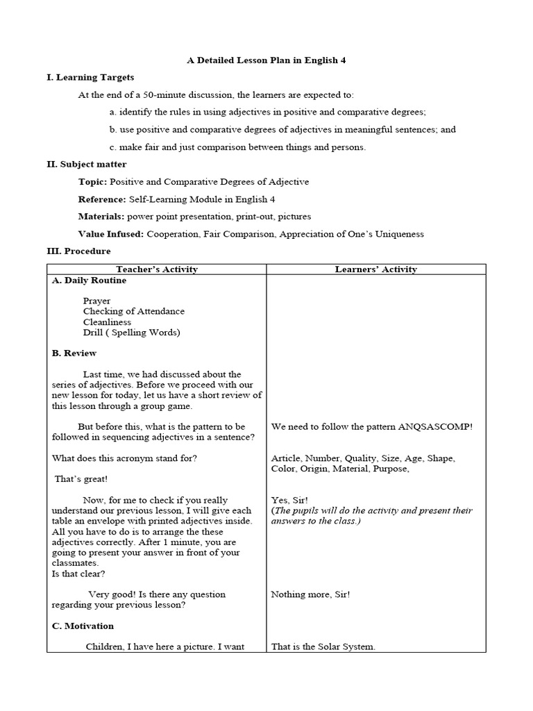 Lesson Plan: Adjectives in English 4 | PDF | Solar System | Planets