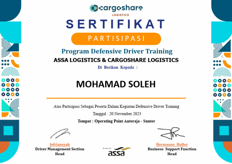 Sertifikat Training Driver Mohamad Soleh Assa Logistics-2 | PDF