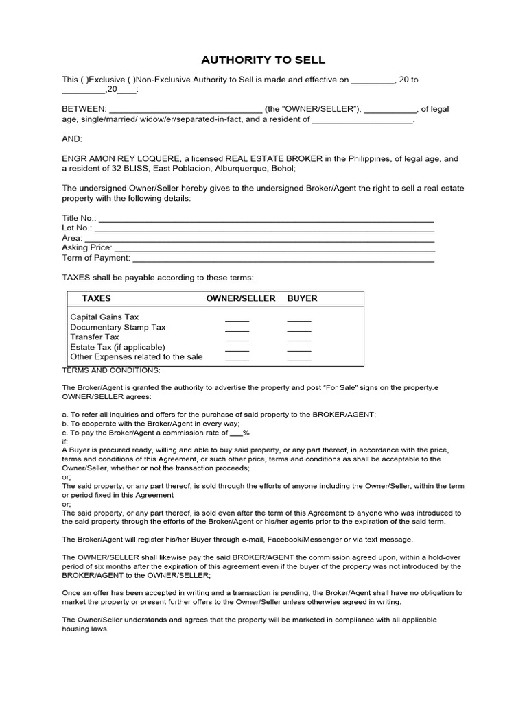 AUTHORITY TO SELL - Broker Rey | PDF | Business | Law