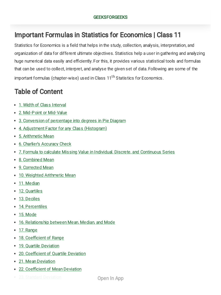 Statistics For Economics Formula Sheet. | PDF | Mean | Standard Deviation