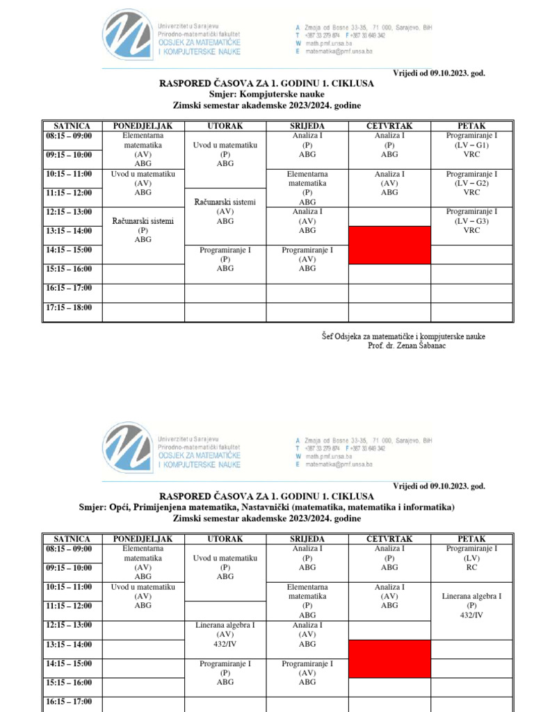 Raspored Nastave I Ciklus Studija Zimski Semestar 2023 - 2024 Godine ...