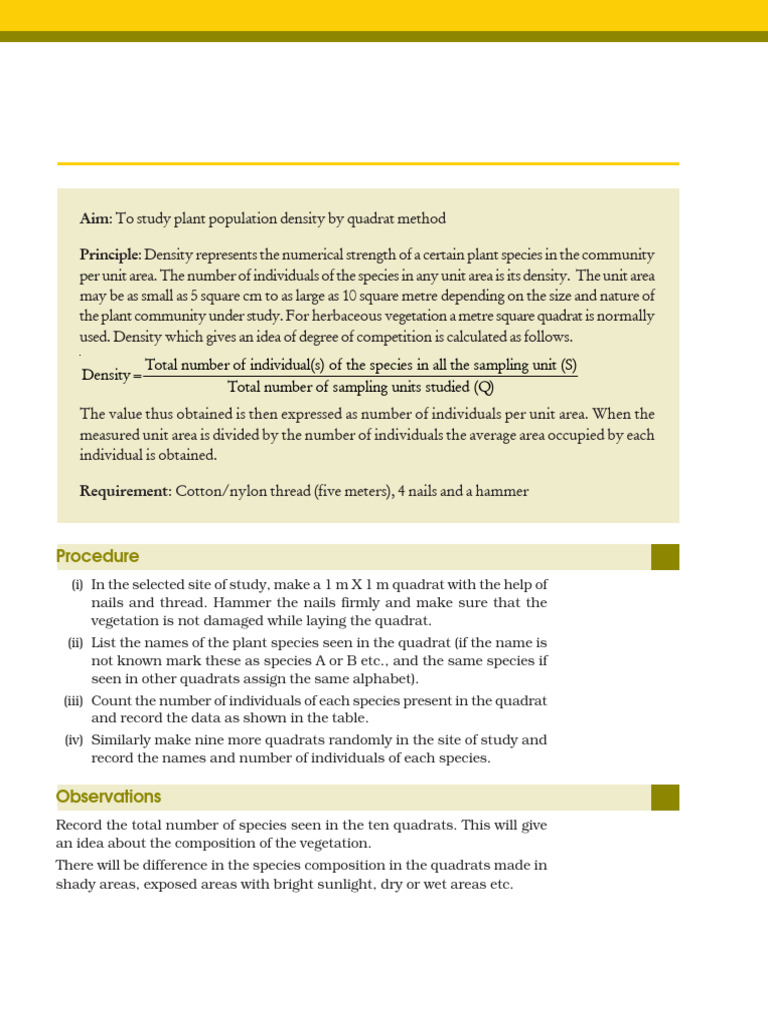 Population Density and Population Frequency by Quadrat Method XII Practical | PDF | Density ...
