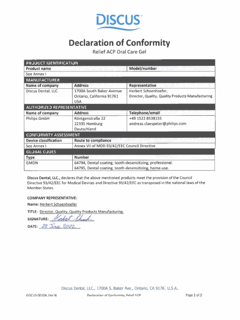 DISCUS-00104, Rev N, DoC Relief ACP Oral Care Gel, Signed | PDF | Oral ...
