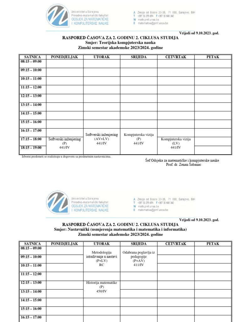 Raspored Nastave II Ciklus Studija Zimski Semestar 2023 - 2024 Godine ...