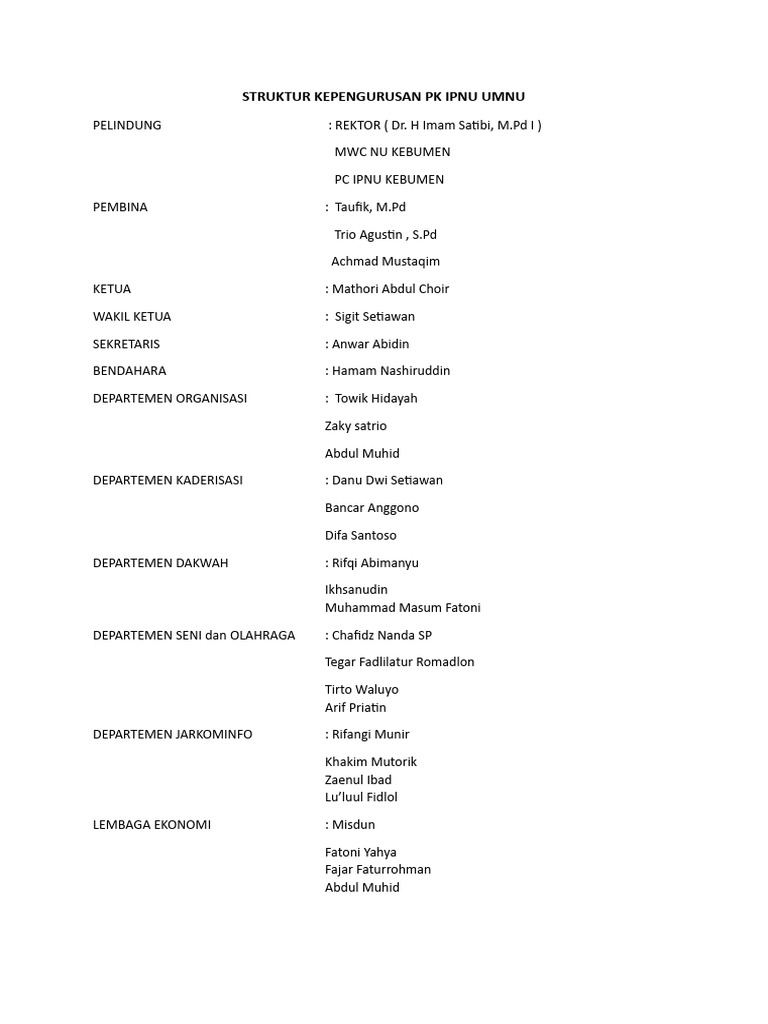 Struktur Pengurus PK IPNU UMNU | PDF