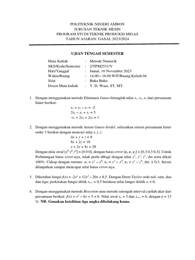 Soal UTS Metode Numerik 2023 - A | PDF