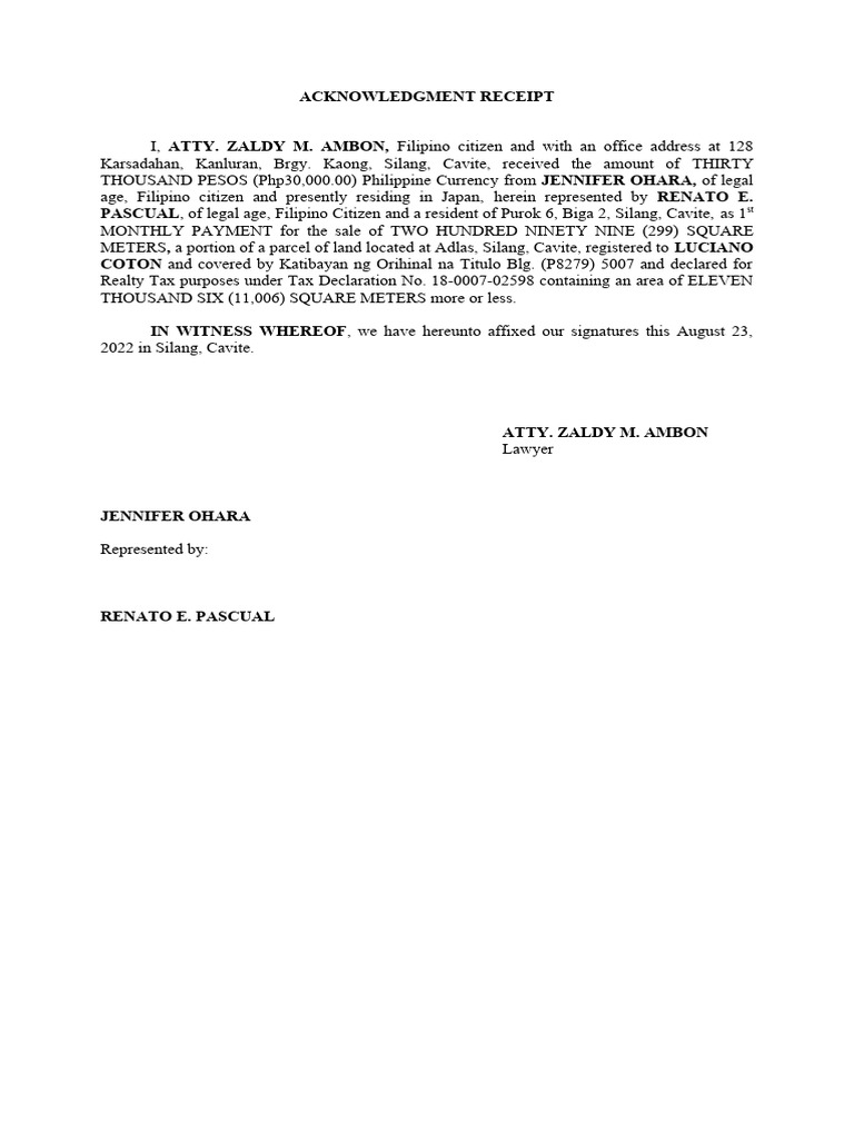 Acknowledgement Receipt - 1ST Monthly Payment For The Sale of A Portion ...