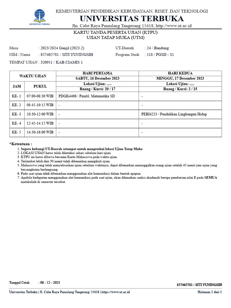 Lokasi Ujian UT Bandung 2023/2024 | PDF