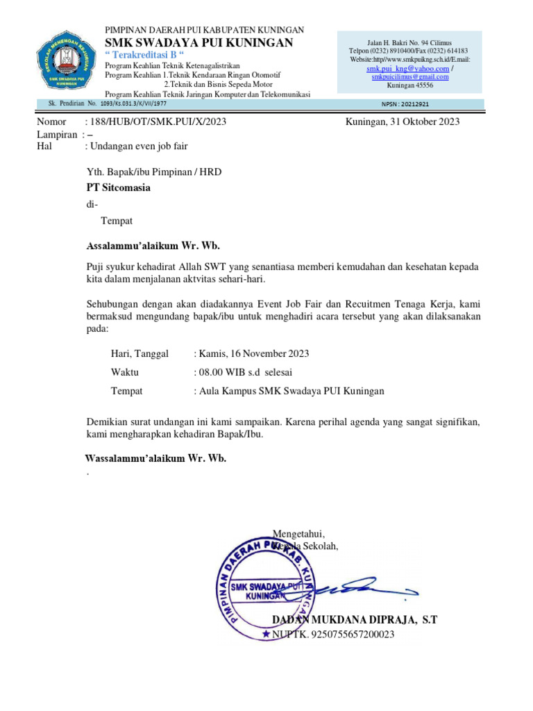 Surat Undangan Job Fair PT Sitcomasia | PDF