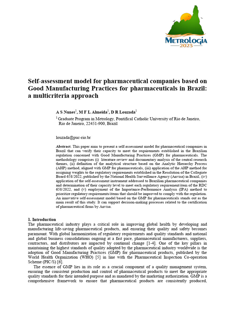 Self-Assessment Model For Pharmaceutical Companies Based On Good ...