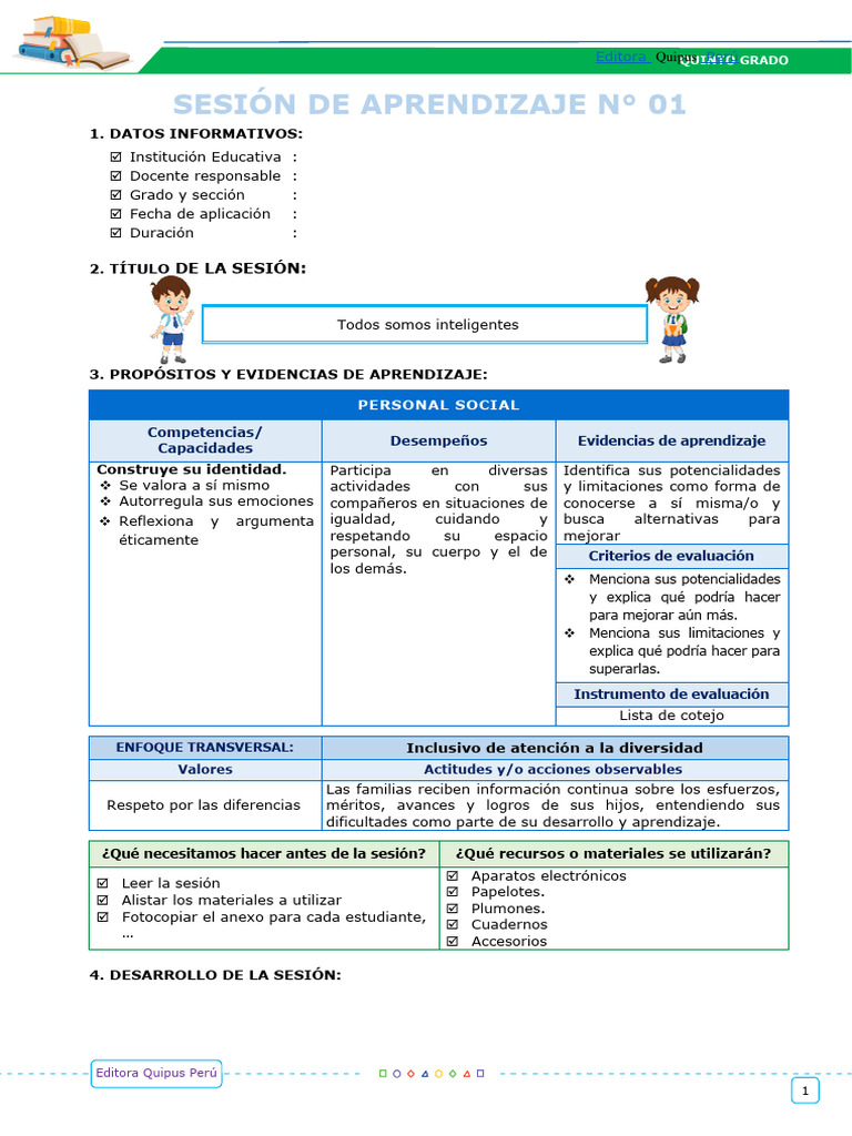 Sesiones de Aprendizaje - EDA XI Semana 1 - Editora Quipus Perú | PDF | Evaluación | Aprendizaje