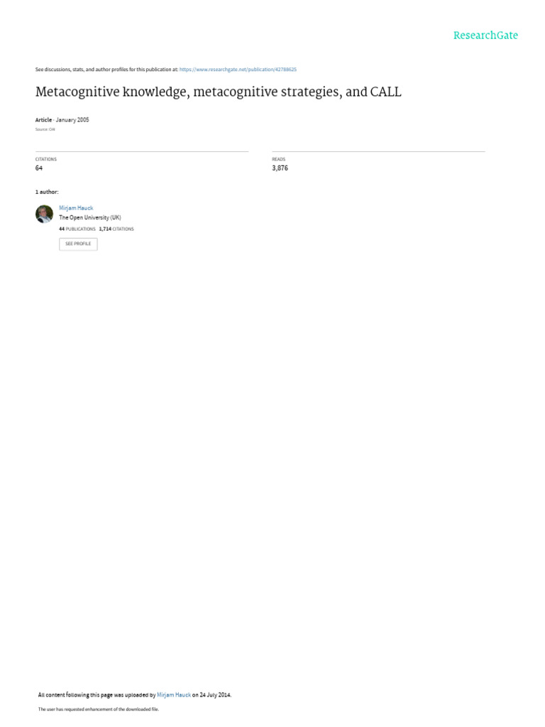 Metacognitive Knowledge Metacognitive Strategies and CALL | PDF | Learning | Second Language ...