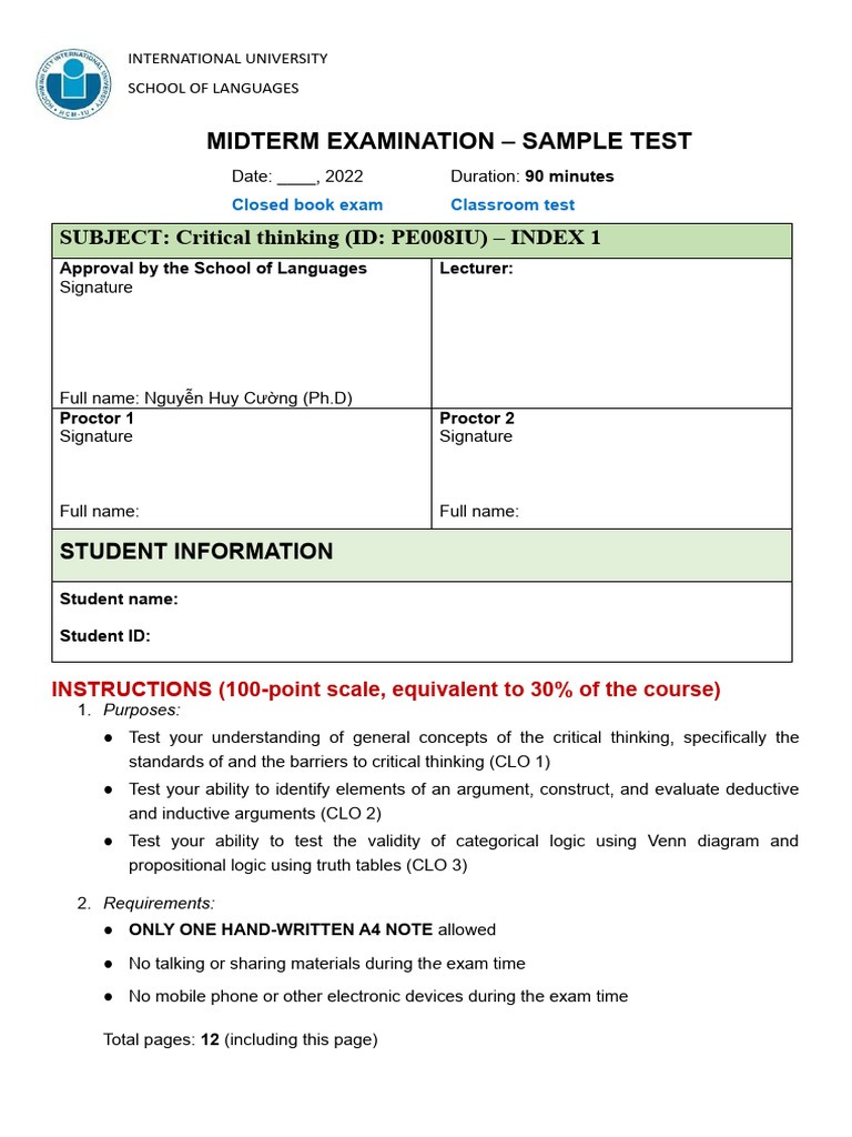 Critical Thinking Midterm Sample Exam | PDF | Career & Growth ...