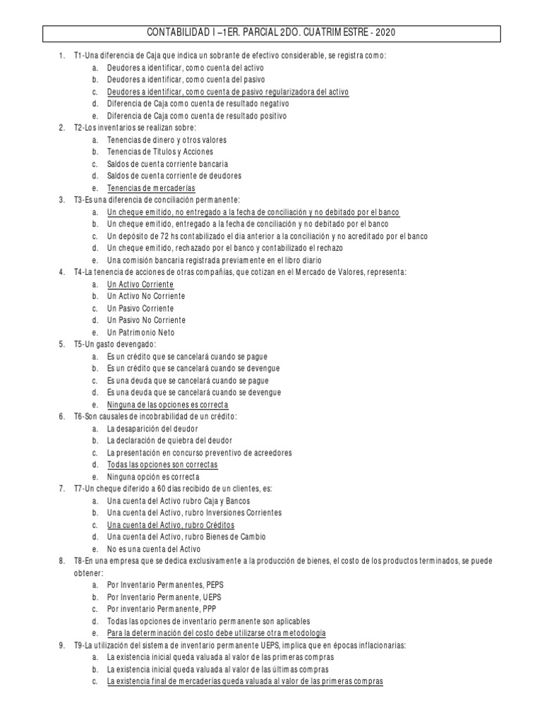 CONTABILIDAD I. 1er. Parcial 1er. Cuatrimestre 2021 Respuestas Correctas | PDF