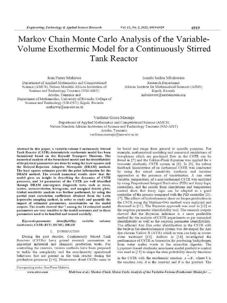 Markov Chain Monte Carlo Analysis of The Variable-Volume Exothermic Model For A Continuously ...