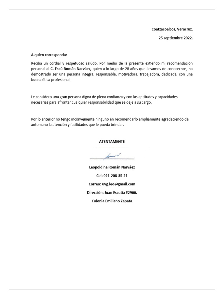 Carta Recomendacion Esau | PDF