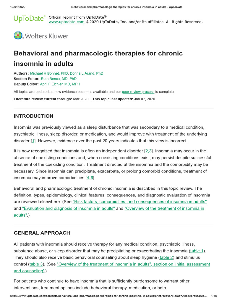 Behavioral And Pharmacologic Therapies For Chronic Insomnia In Adults