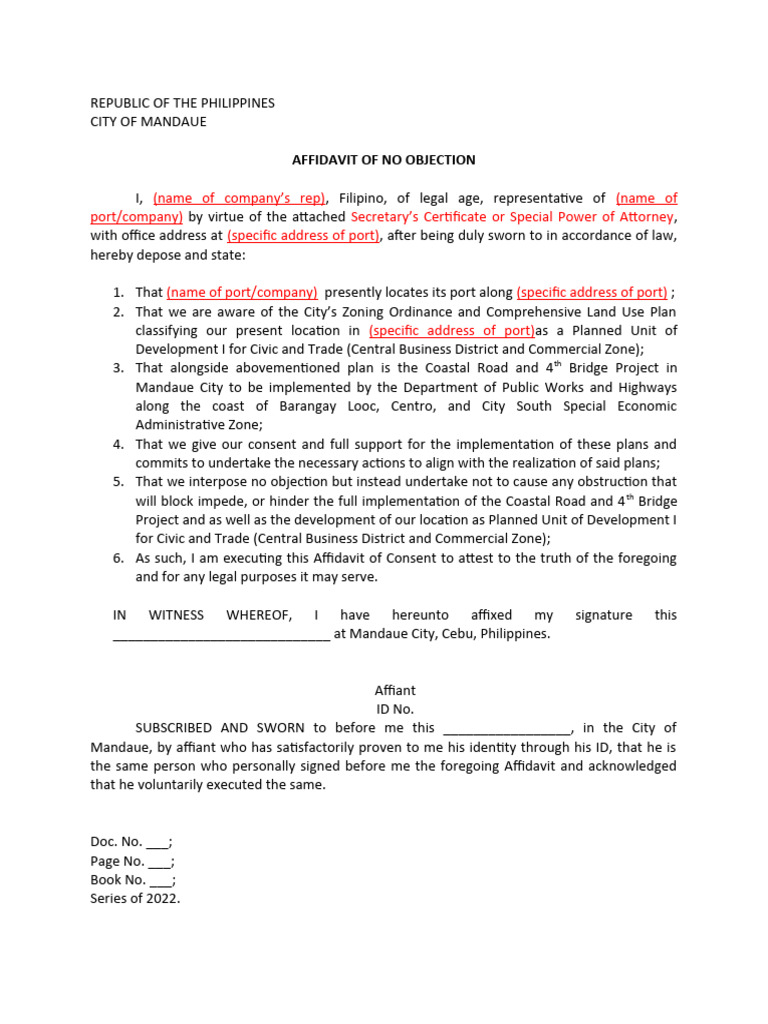 Affidavit of No Objection - Format For Ports | PDF | Business | Law
