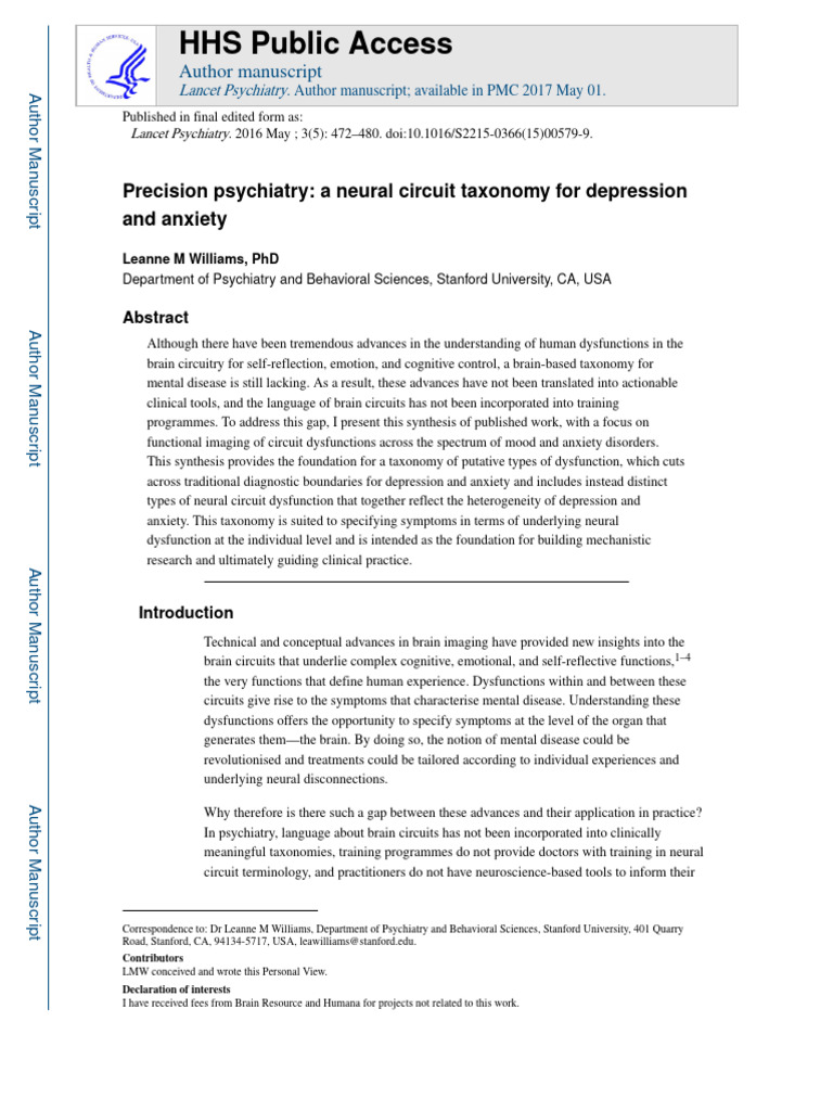 Neural Circuit Taxonomy For Depression and Anxiety | PDF