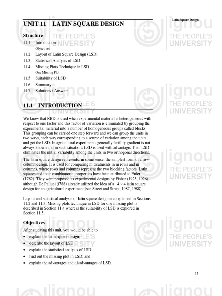 Unit 11 Latin Square Design: Structure | PDF