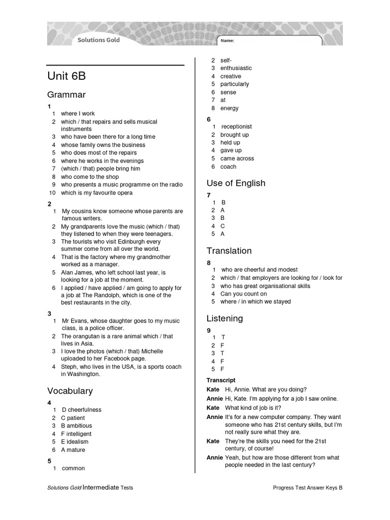 Sol Gold Int Progress Test Unit 6B Answer Key | PDF