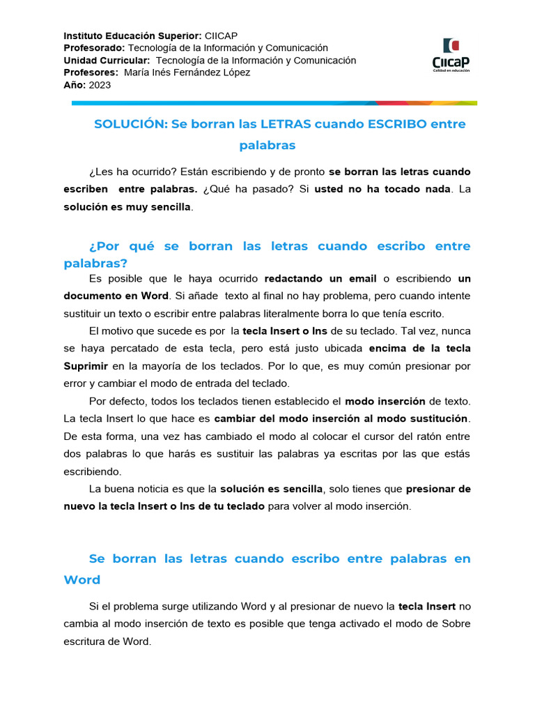 SOLUCIÓN_ Se borran las LETRAS cuando ESCRIBO entre palabras | PDF ...