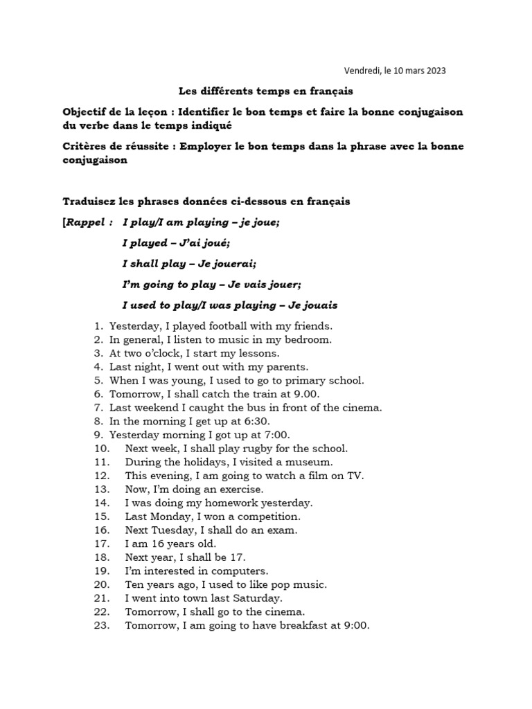 French Verb Tenses Lesson Guide | PDF