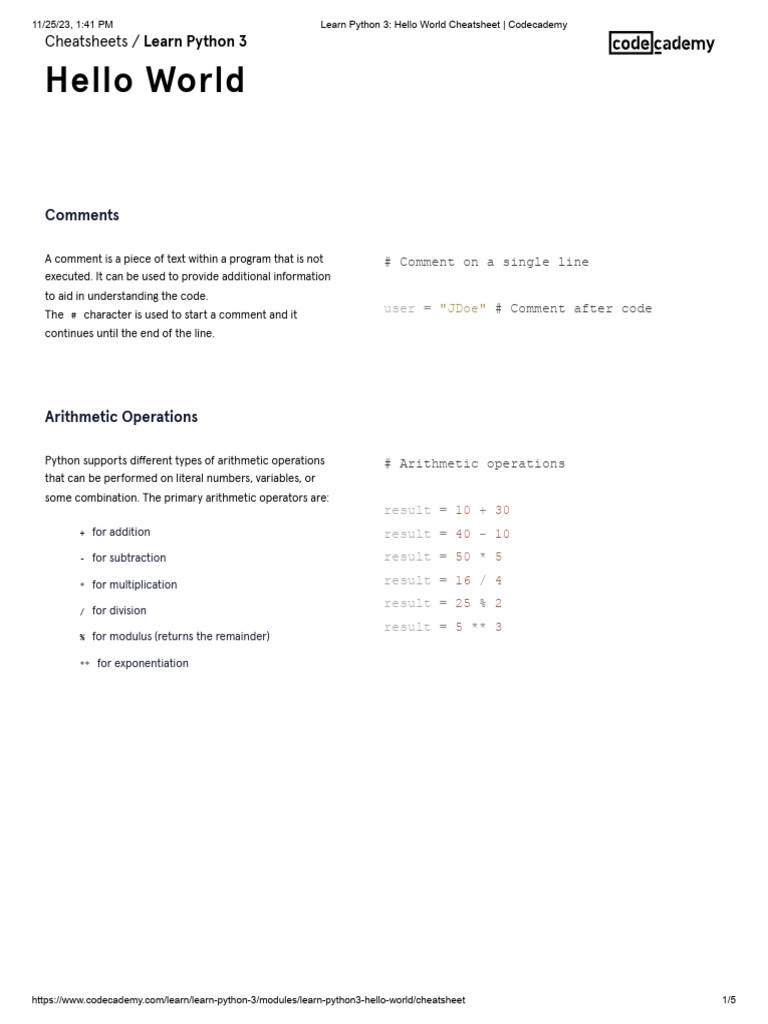 Learn Python 3 - Hello World Cheatsheet - Codecademy | PDF | Numbers | Variable (Computer Science)