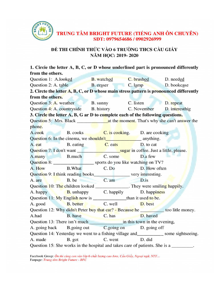 De Thi Tieng Anh Lop 7 Giua Ki 1 de So 1 | PDF