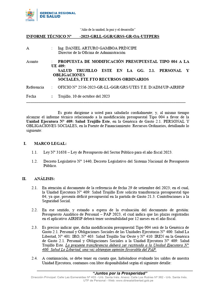 INFORME TECNICO SOBRE TRANSFERENCIA TRUJILLO | PDF | Presupuesto ...