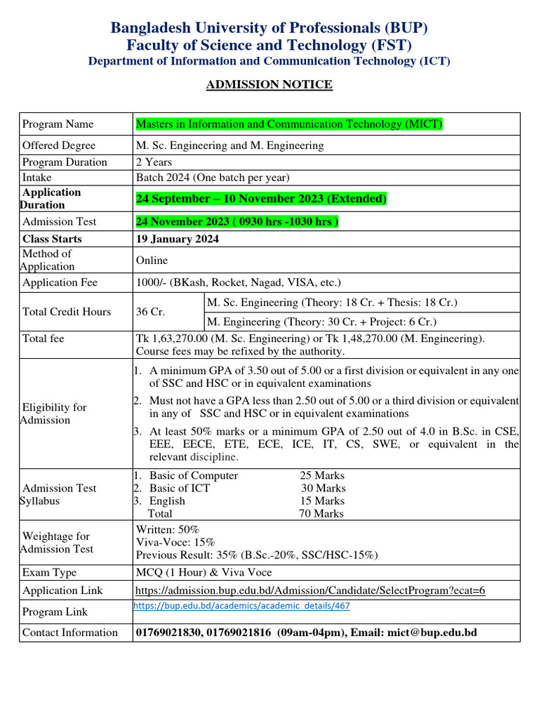 MICT Admission Circular 2024 - Extended | PDF | Thesis | Educational Stages