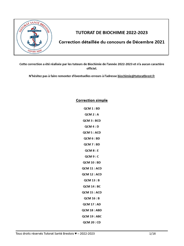 Correction Annale Biochimie 2021 2022 1 2 | PDF
