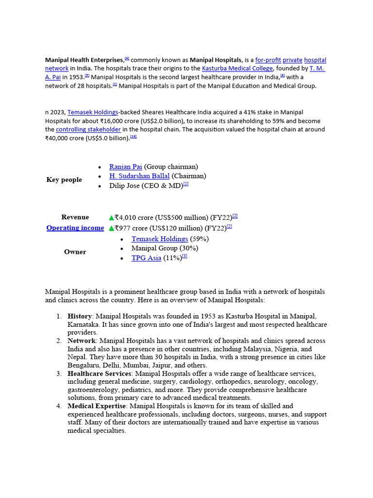 Manipal Health Enterprises,: For-Profit Private Hospital Network ...
