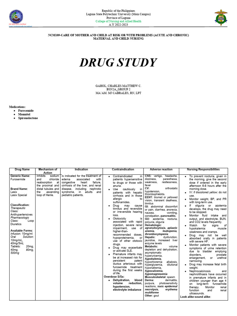 DRUG STUDY - Pedia Ward 2 | PDF | Medical Specialties | Clinical Medicine