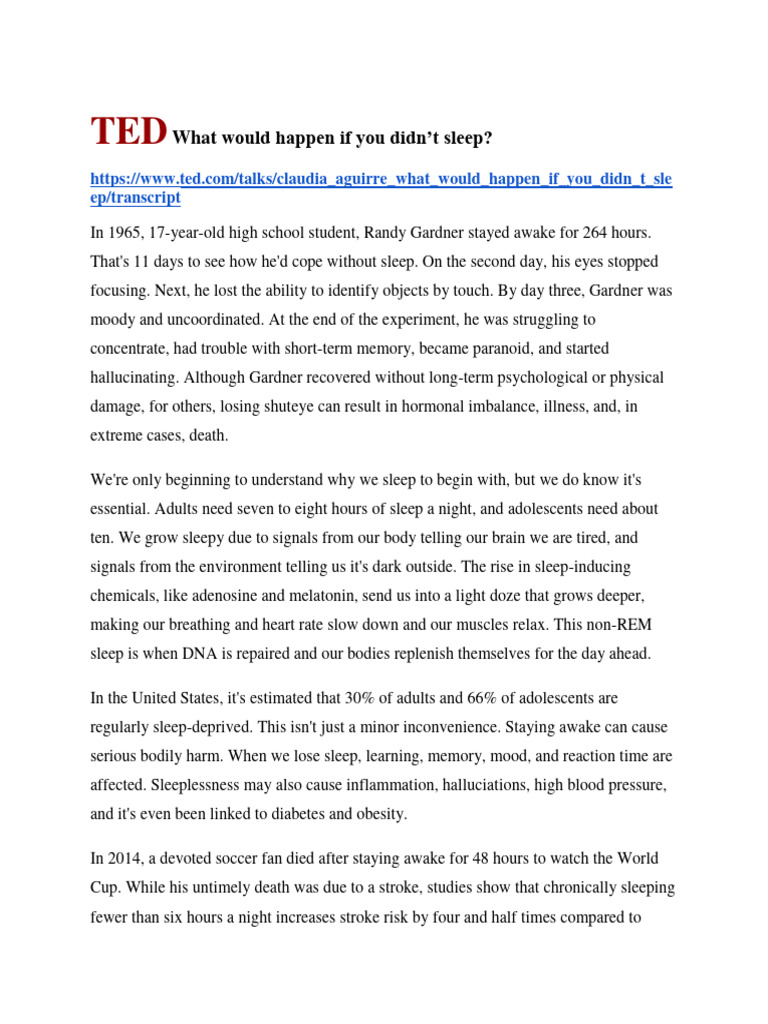 TED Transciption & Vocabulary | PDF | Sleep | Sleep Deprivation