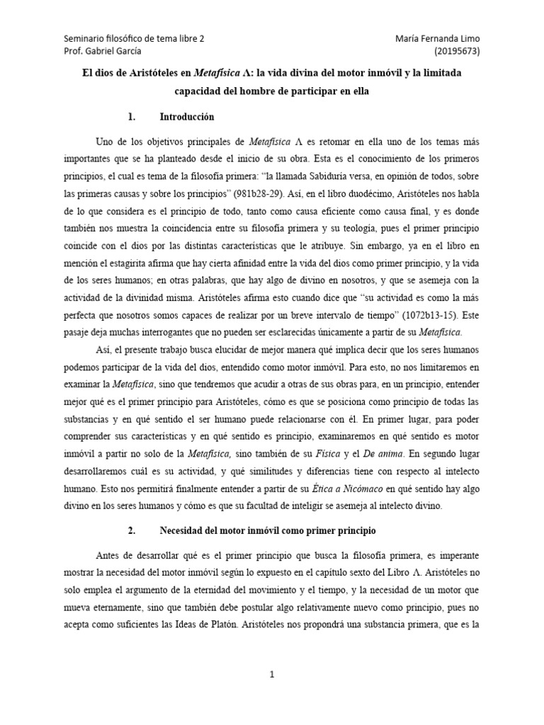 El dios de Aristóteles en Metafísica Λ: la vida divina del motor ...